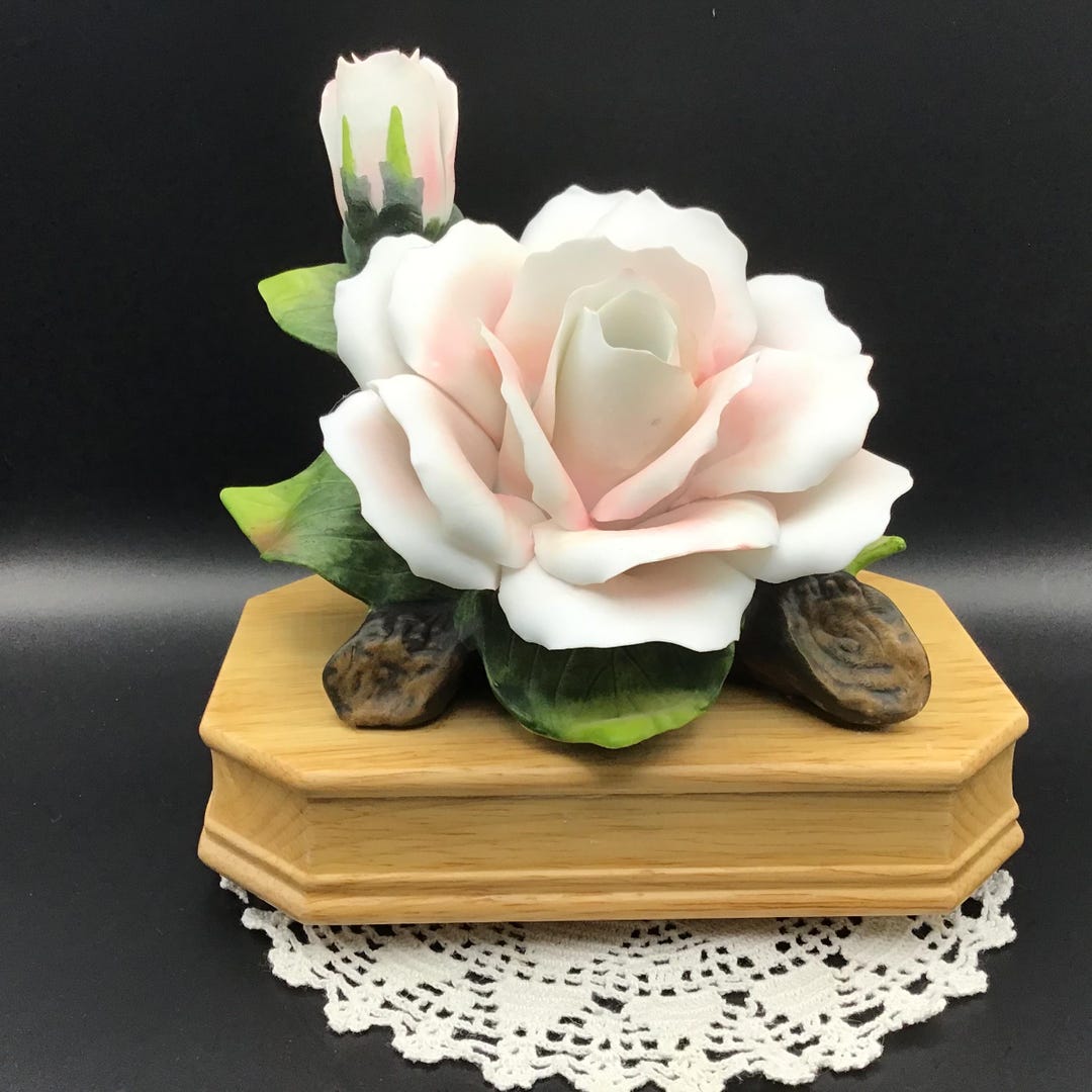 Music Box Rose Flower Porcelain Figurine Wood Mount Plays MEMORIES - Etsy