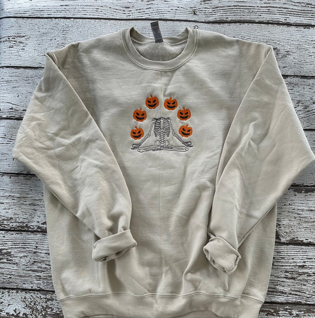 Skeleton Throwing Pumpkin Yoga Pose Embroidered Sweatshirt - Etsy