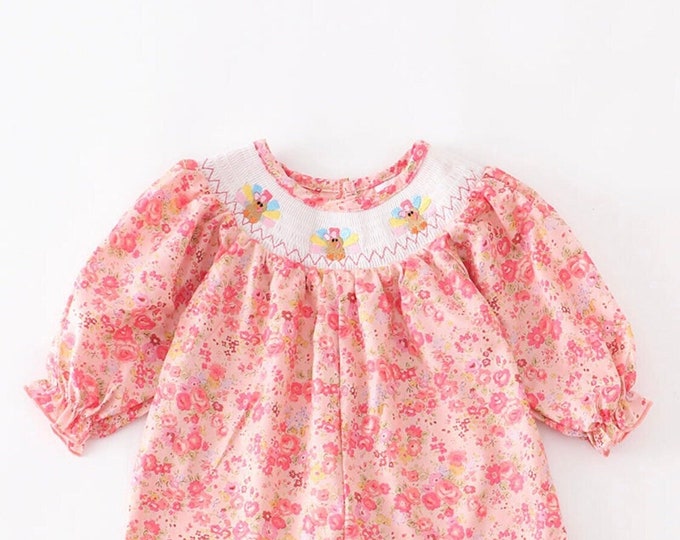 Baby Girl Smocked Fall Bubble Romper, Beautiful Floral Print, Embroidered Turkey Romper ...