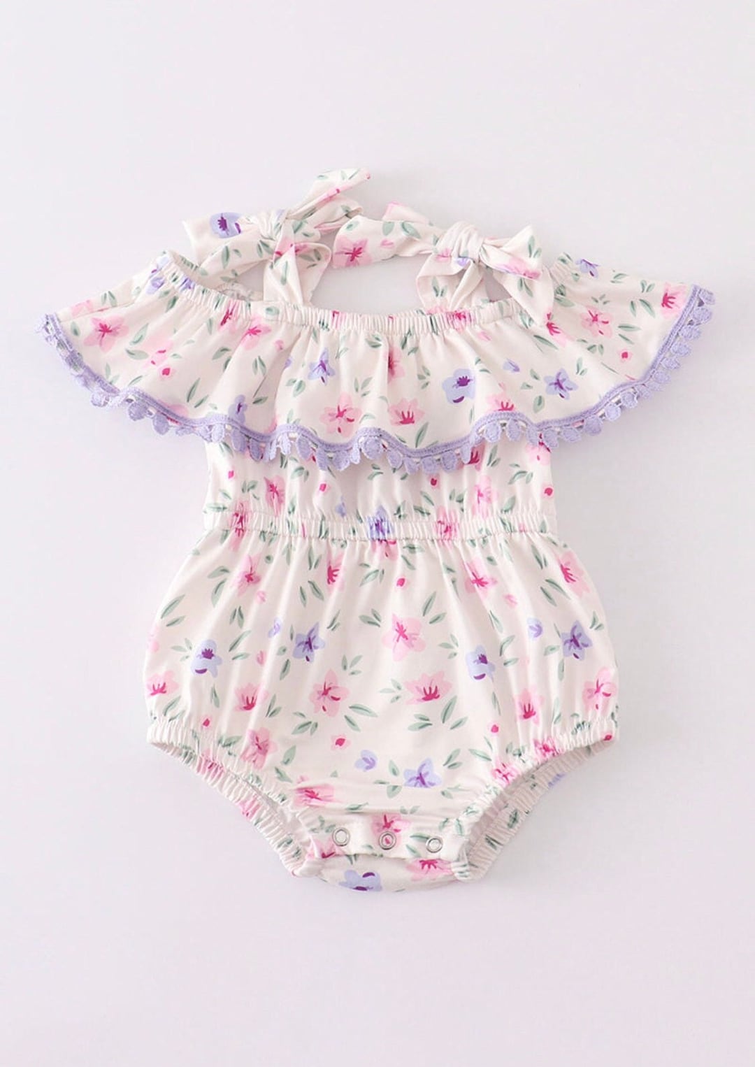 Baby Girl Floral Bubble Romper With off Shoulder Ruffle & Lavender Trim, Summer Romper, Pickles ...