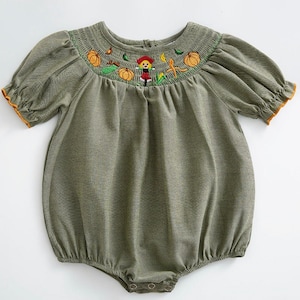 Baby Girl Fall Smocked Bubble Romper, Thanksgiving Romper, Embroidered Scarecrow and Pumpkins ...