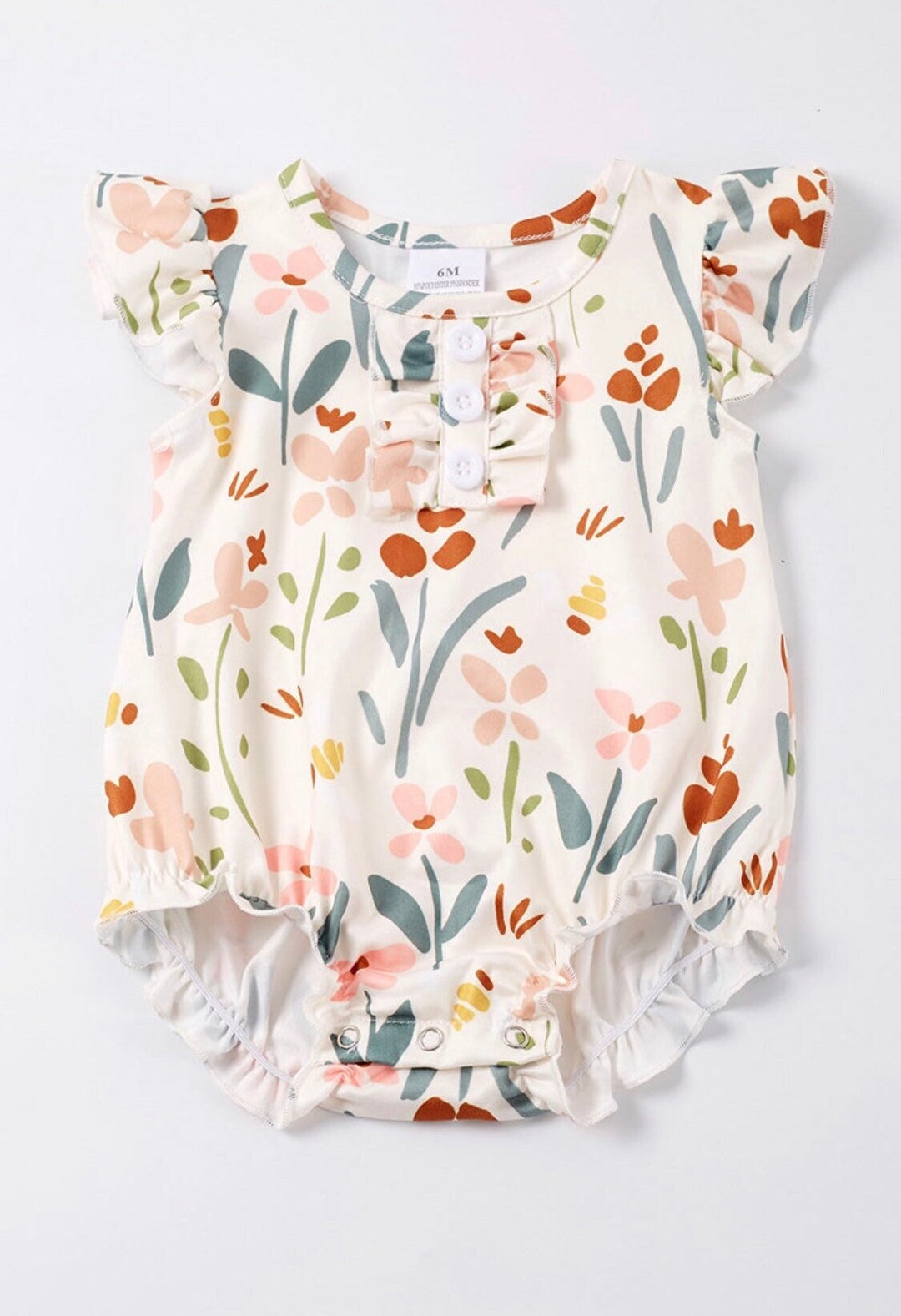 Baby Girl Fall Bubble Romper With Flutter Sleeves, Earth Tone Floral Print Bubble Romper ...