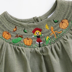 Baby Girl Fall Smocked Bubble Romper, Thanksgiving Romper, Embroidered Scarecrow and Pumpkins ...
