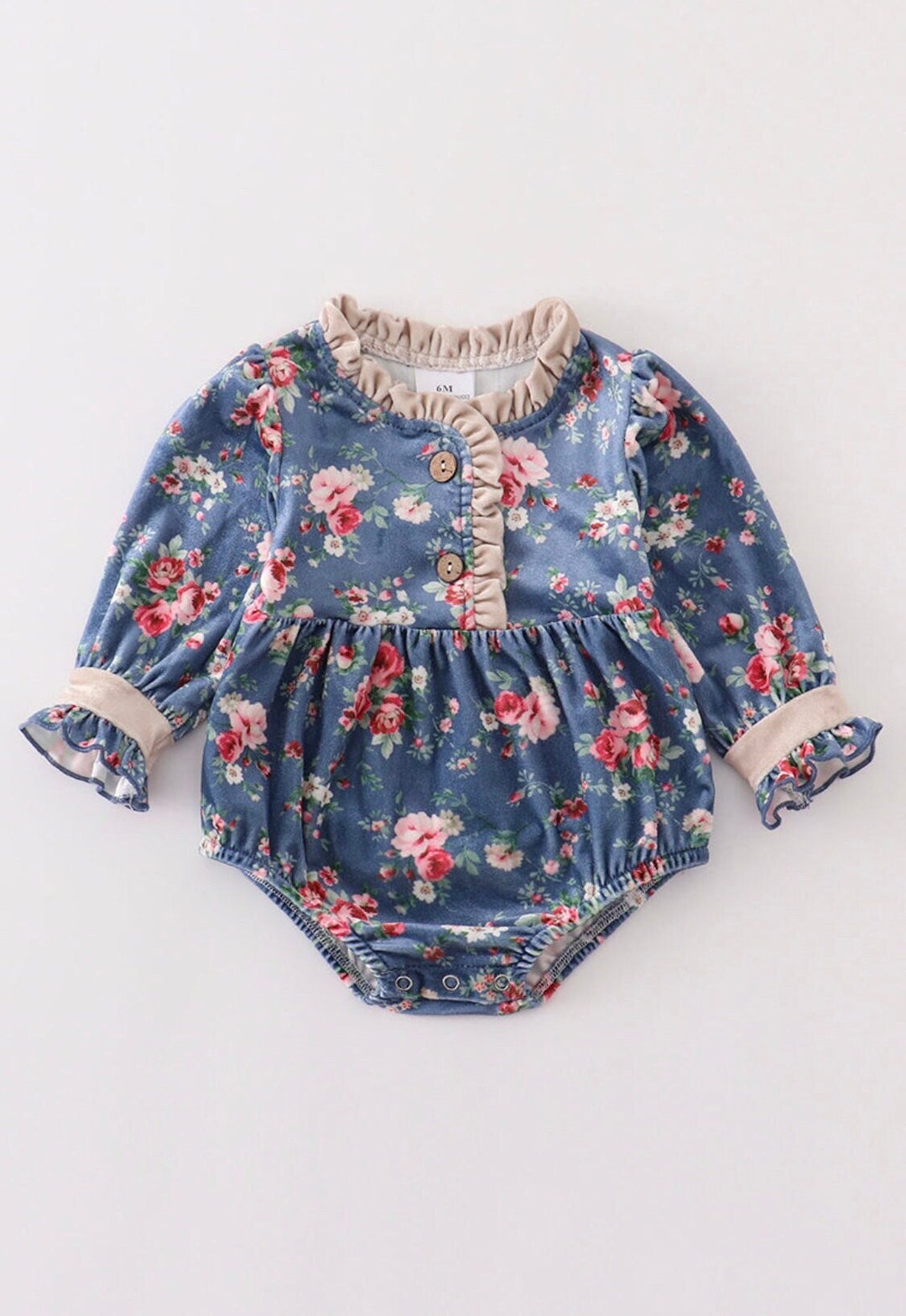 Baby Girl Fall Blue Velvet Bubble Romper Beautiful Floral - Etsy