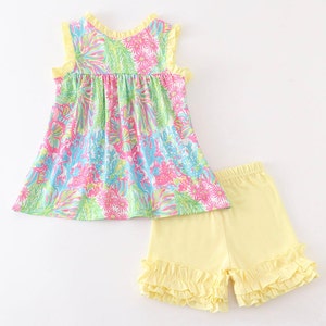 Girl's Summer Short Set With Pockets, Yellow Ruffle Trim, Floral Print ...