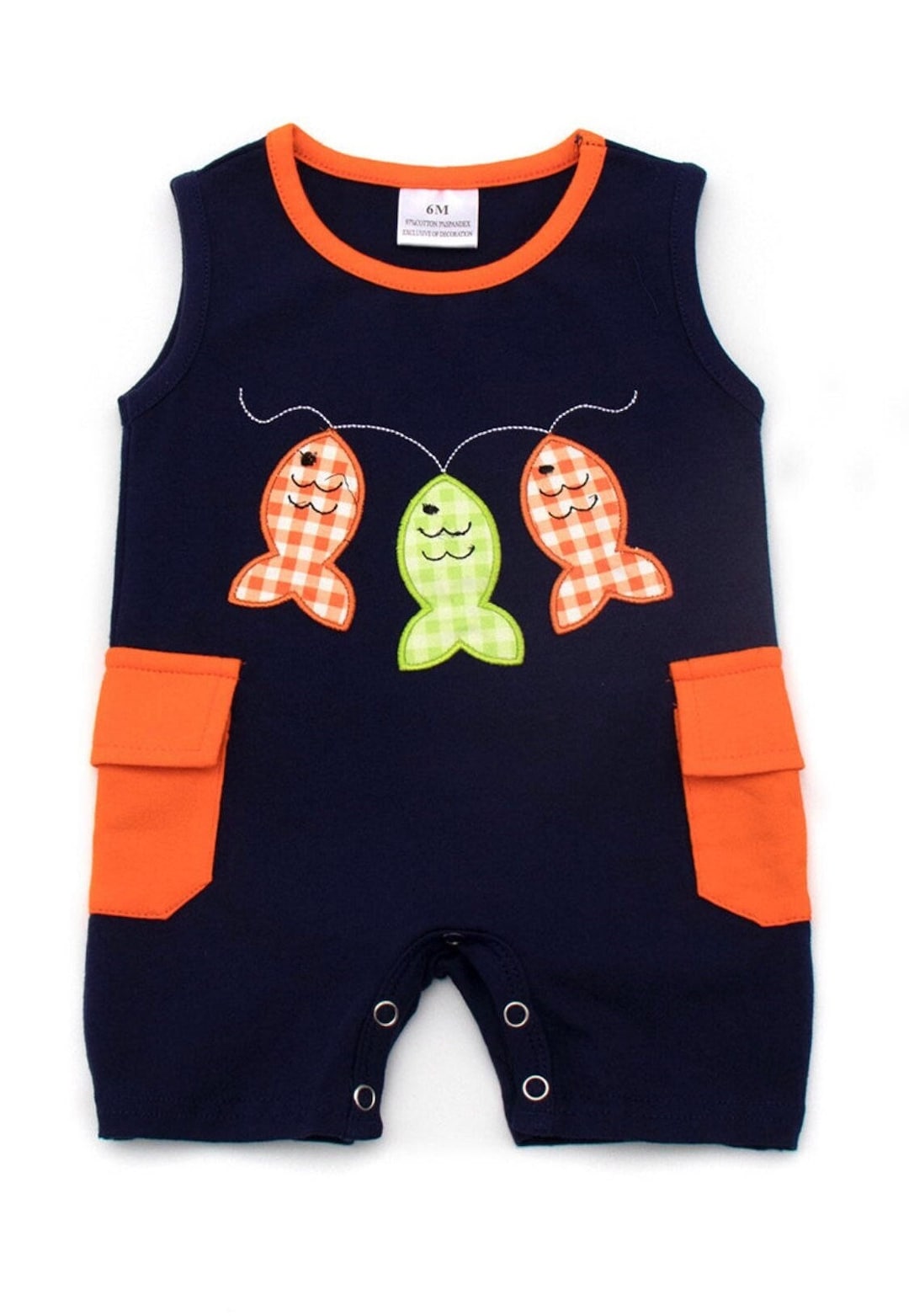 Baby Boy Fish Romper With Pockets, Embroidered Fish Applique Jon Jon ...