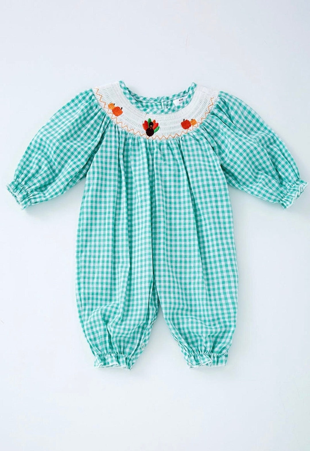 Baby Girl Smocked Fall Thanksgiving Bubble Romper, Embroidered Turkey and Pumpkins, Pickles ...