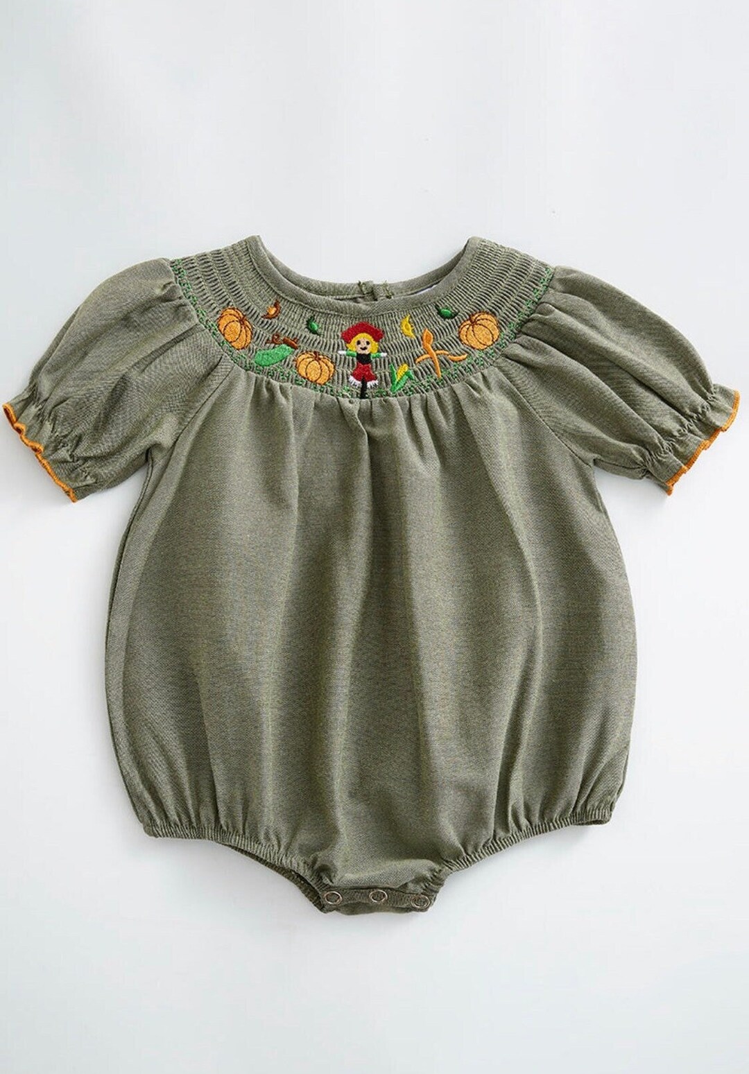 Baby Girl Fall Smocked Bubble Romper, Thanksgiving Romper, Embroidered Scarecrow and Pumpkins ...