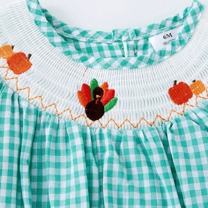 Baby Girl Smocked Fall Thanksgiving Bubble Romper, Embroidered Turkey and Pumpkins, Pickles ...