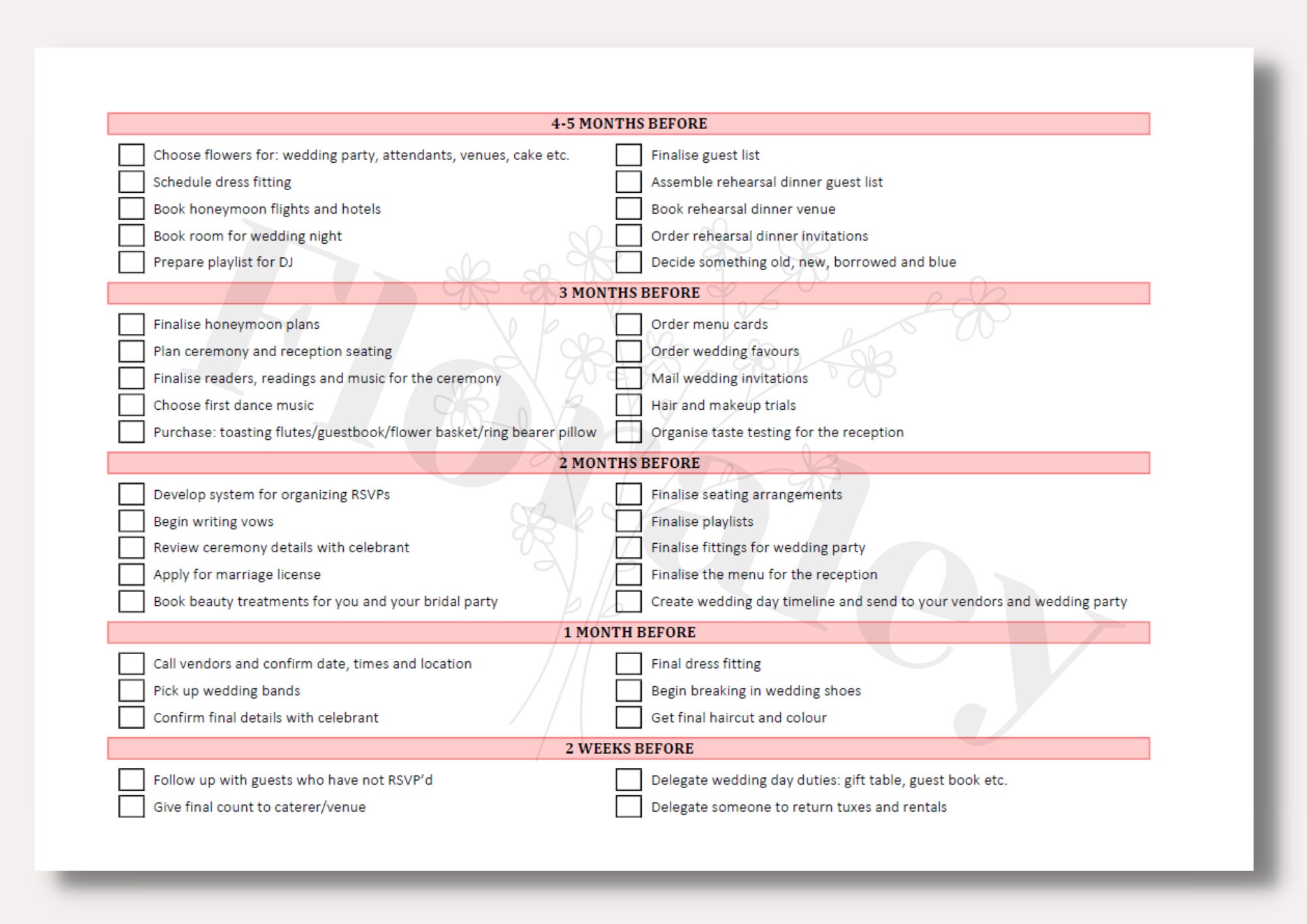 Printable Wedding Checklist Downloadable PDF Wedding Planner - Etsy