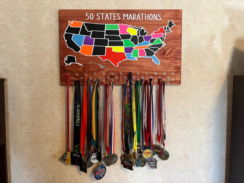 50 States Medal Holder, Chalkboard USA Map, Runners Gift, State ...