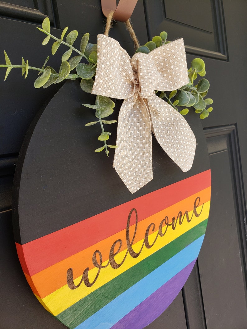 Pride Welcome Wooden Door Hanger, Rainbow Front Door Sign - Etsy