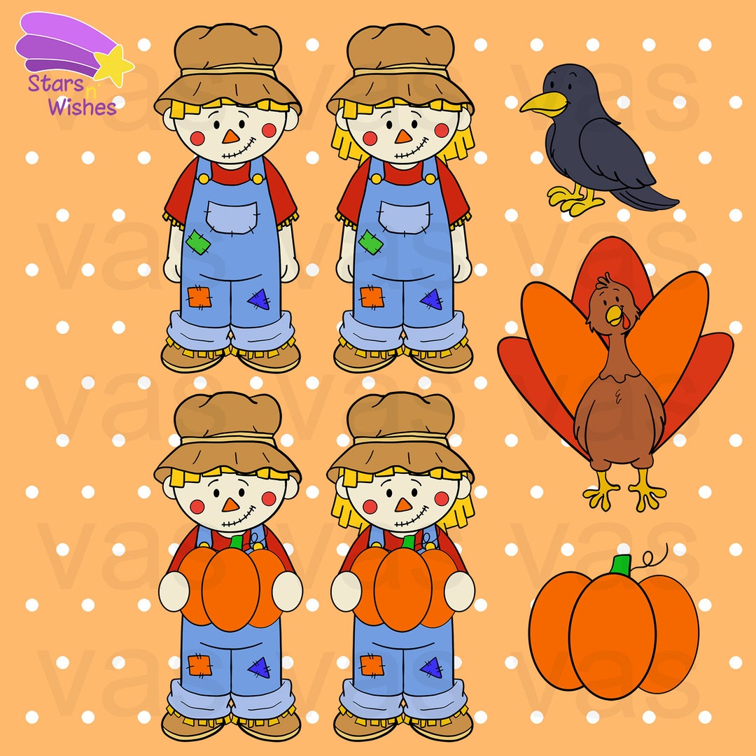 Fall Clip Art, Line Art and Color, Scarecrow Clipart, Thanksgiving ...