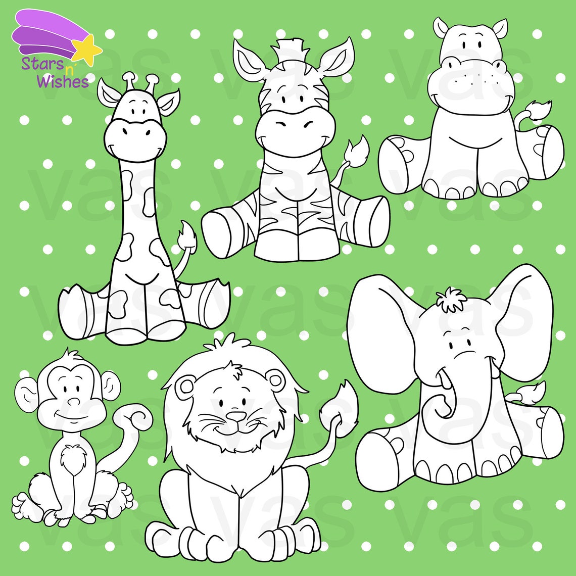 Jungle Animals Clip Art, Stamp, Line Art, Jungle Animals Clipart, Tiger ...