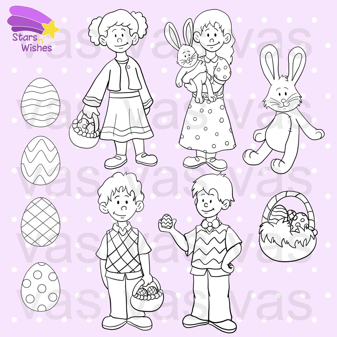Easter Kids Clip Art, Line Art, Easter Clipart, Girls, Boys, Clipart ...