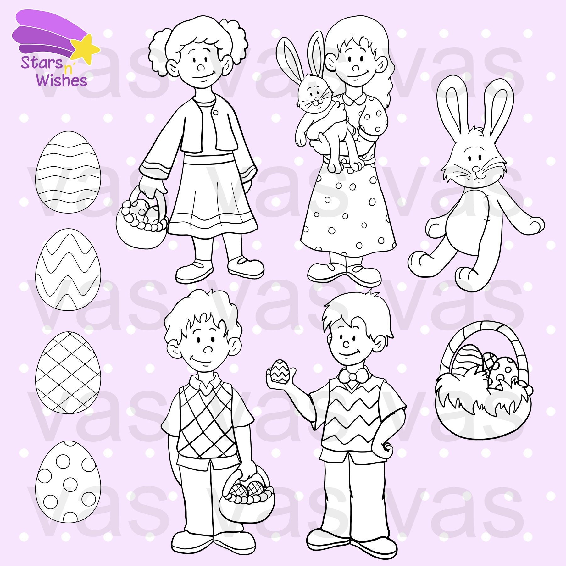 Easter Kids Clip Art, Line Art, Easter Clipart, Girls, Boys, Clipart ...