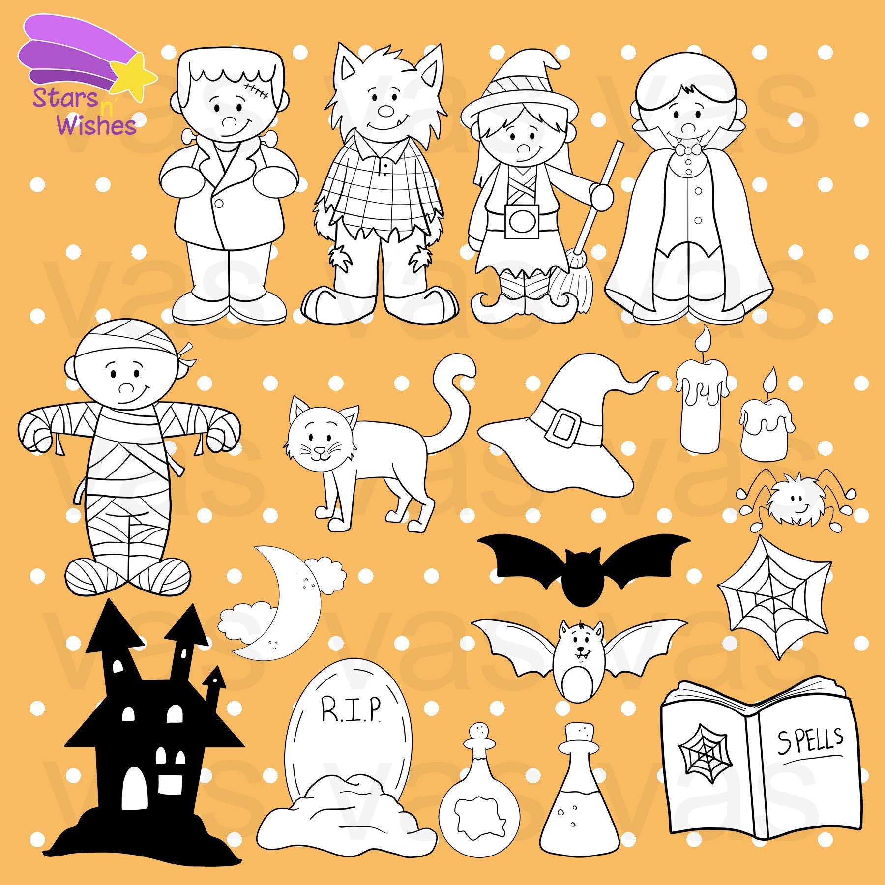Halloween Characters Clip Art: Line Art - Etsy