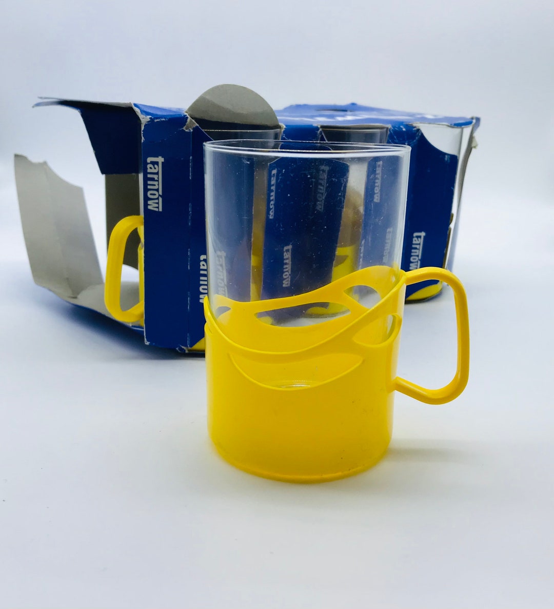 Tarnow Glass Mugs Yellow Plastic Holder Set of 6 NOS - Etsy