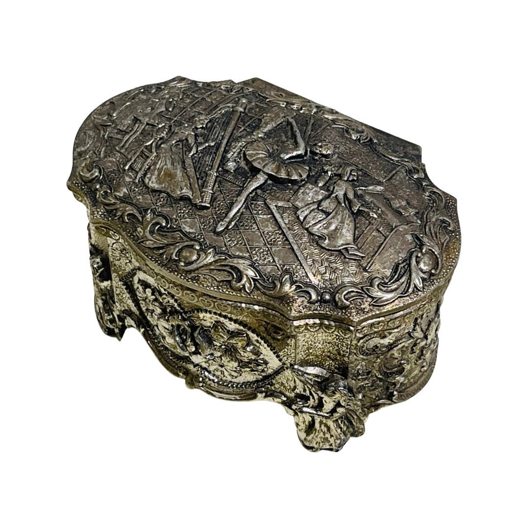 Footed Trinket Box Art Nouveau Metal Hinged Lid Velvet Lined Jewelry ...