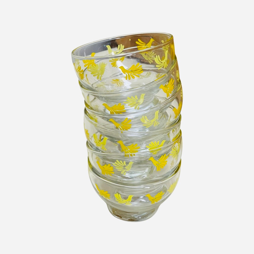Small Glass Bowls Dominion Glass Footed Yellow Bird Design Fruit ...