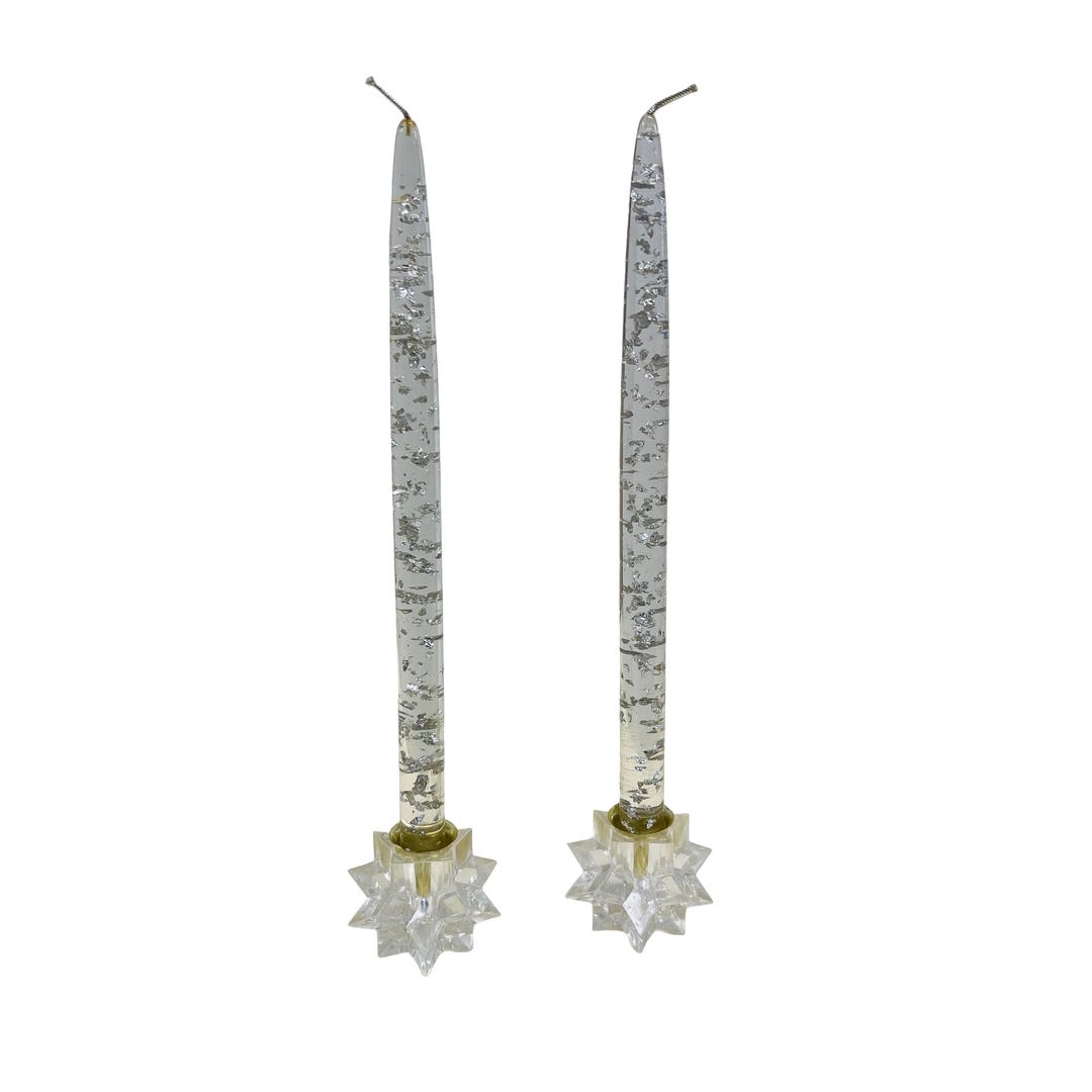 12” Silver Fleck Lucite Candles With Acrylic Crystal Holders Mid ...
