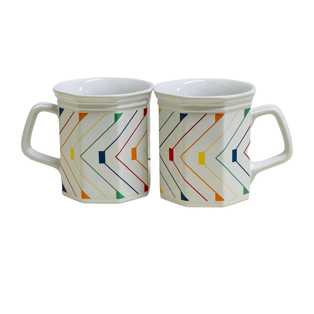 Vintage Mug Pair Ceramic Octagonal Shape Rainbow Mugs Postmodern Design ...