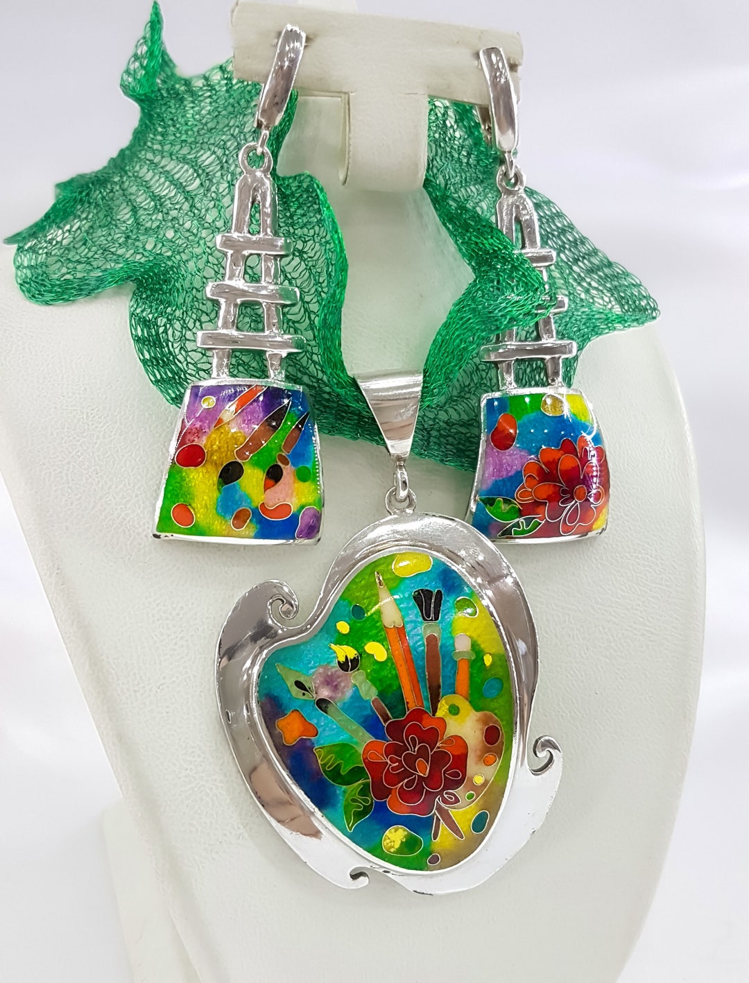 Paint Palette Necklace Pendant. Cloisonne Enamel Set "artist". Silver ...