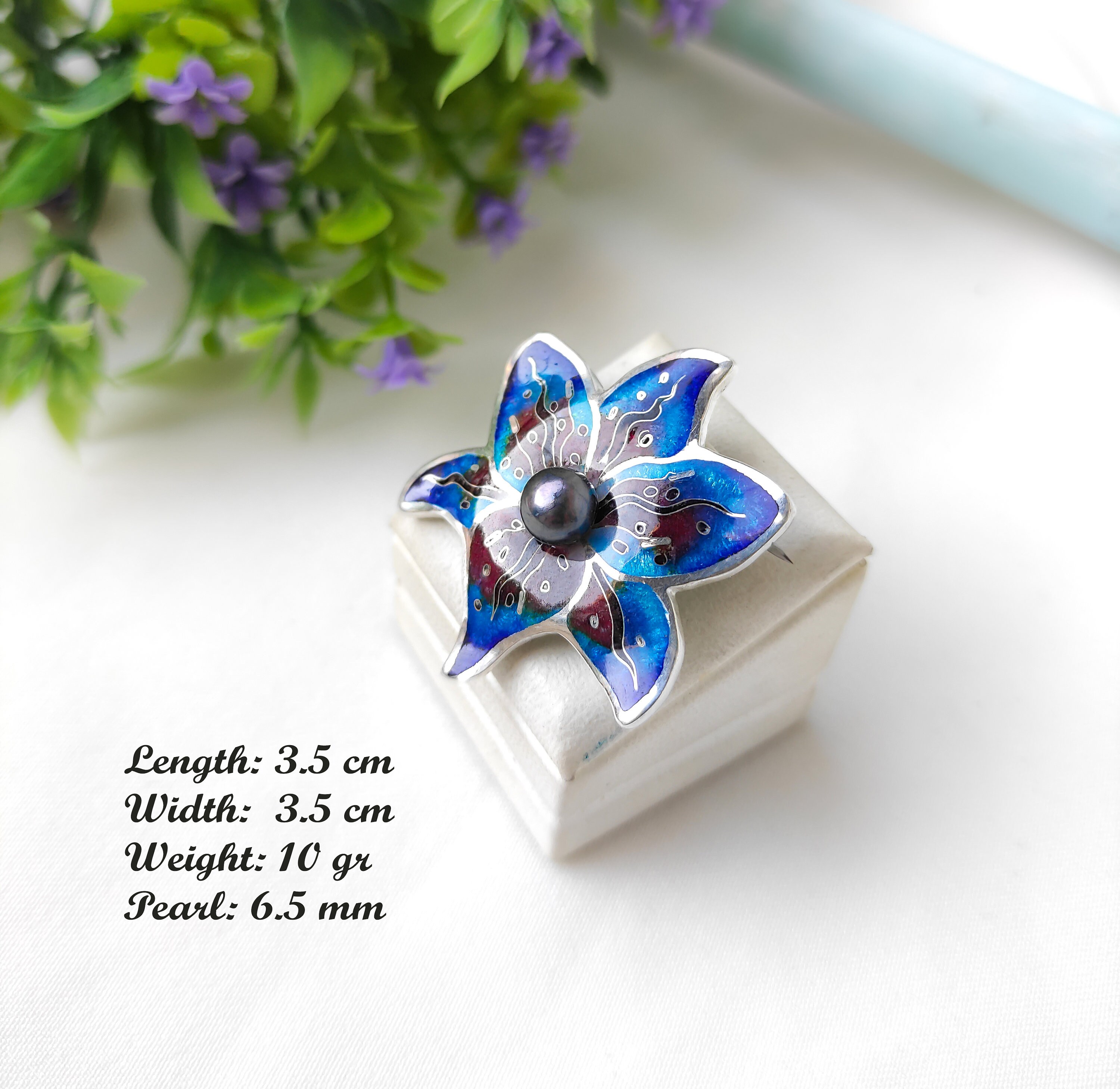 Blue Indigo Lily Flower Brooch With Black Pearl. Cloisonne Enamel ...