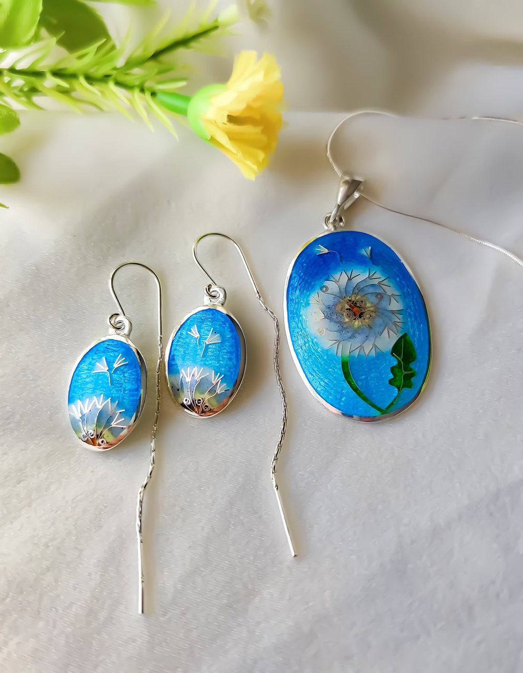 Dandelion Cloisonne Enamel Set. Pendant. Earrings. Silver Jewelry Set ...