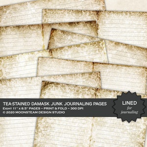 Tea Stained Damask Lined Junk Journal Pages, Tea Dyed Distressed ...