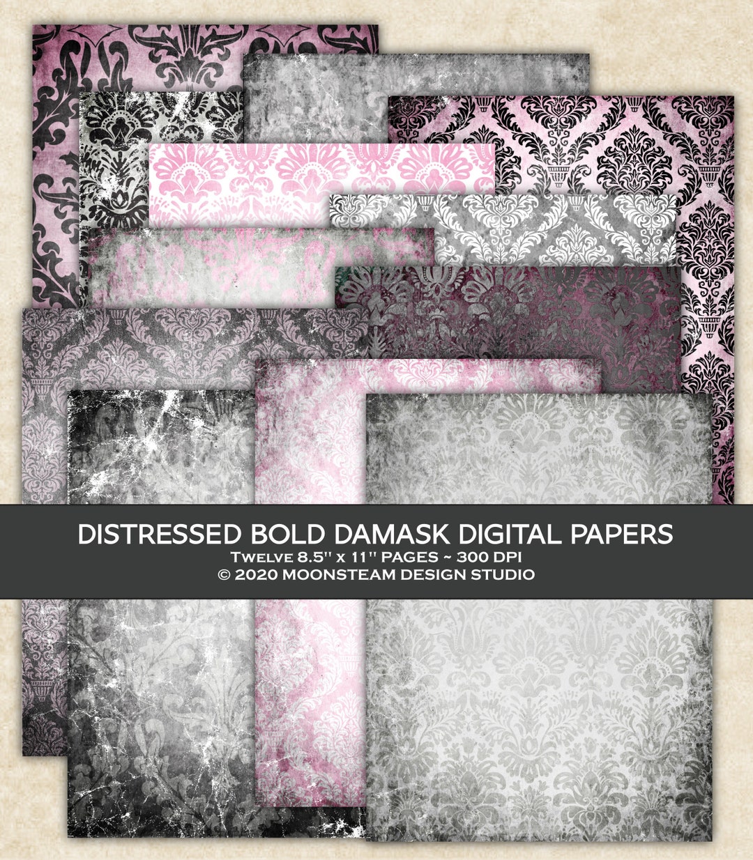 Distressed Damask Digital Paper, Shabby Pink Black (digital Download ...