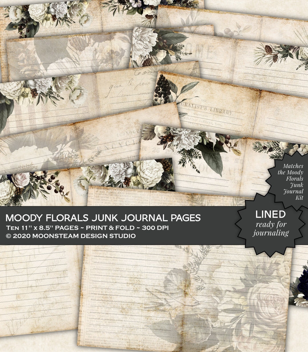 Moody Florals Lined Journal Pages, Neutral Flowers Digital Papers, Dark ...