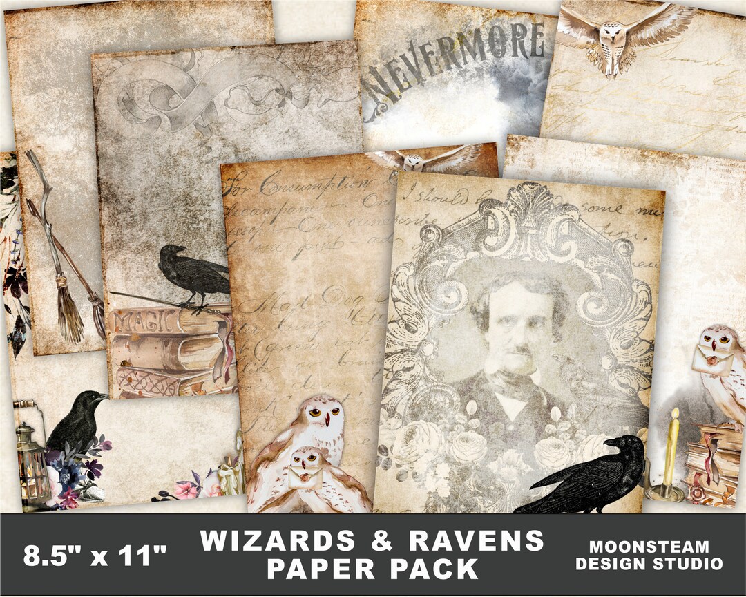 Wizards and Ravens Paper Pack, Owls, Brooms, Poe, Wizarding Digital ...