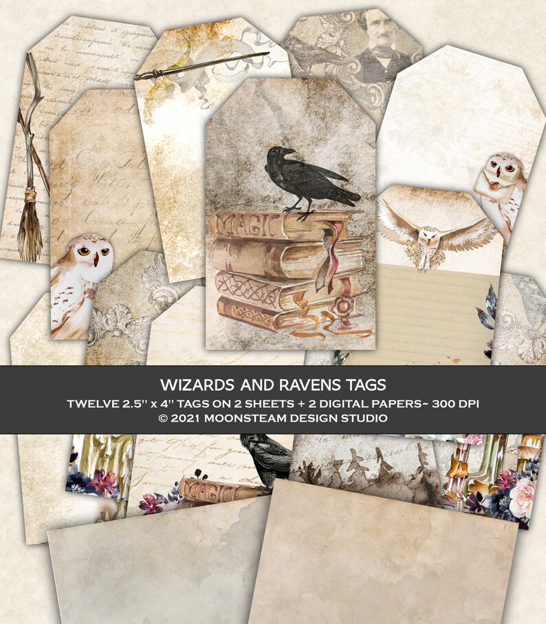 Wizards and Ravens Tags, Magical Collage Sheets, Wizarding Junk Journal ...