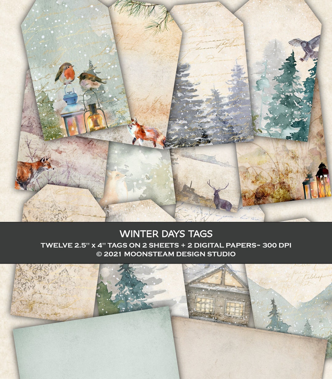 Winter Days Tags, Winter Forest Collage Sheets, Winter Junk Journal ...