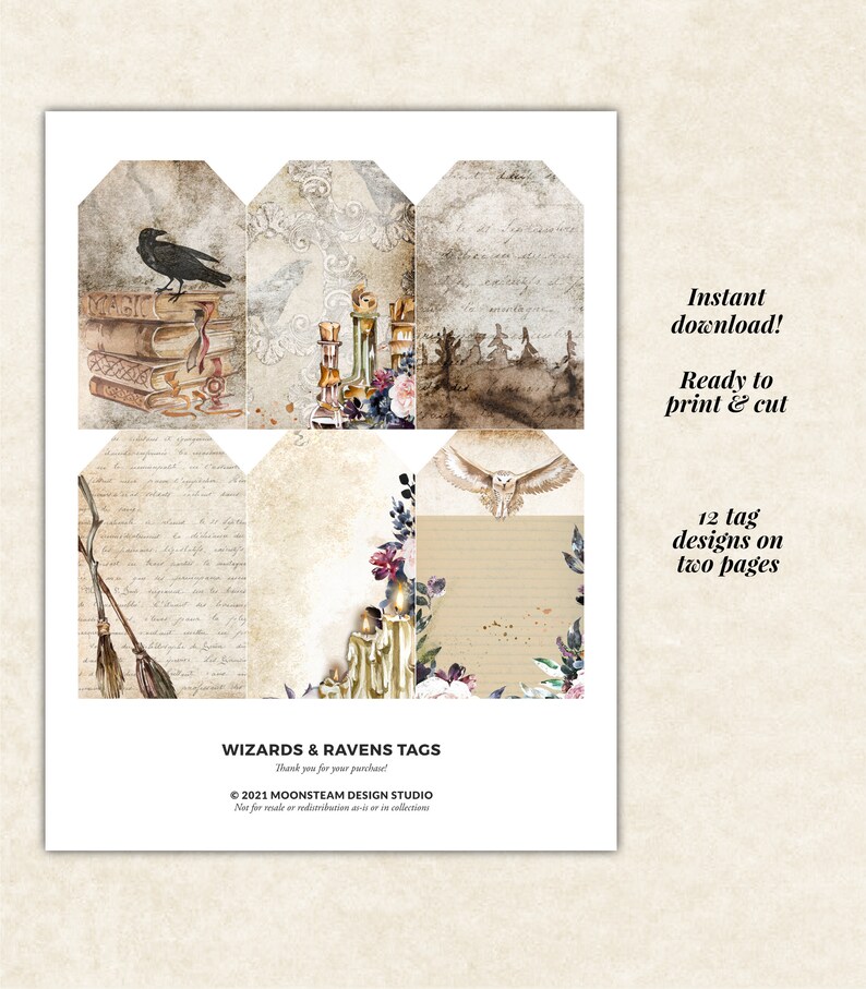 Wizards and Ravens Tags, Magical Collage Sheets, Wizarding Junk Journal ...