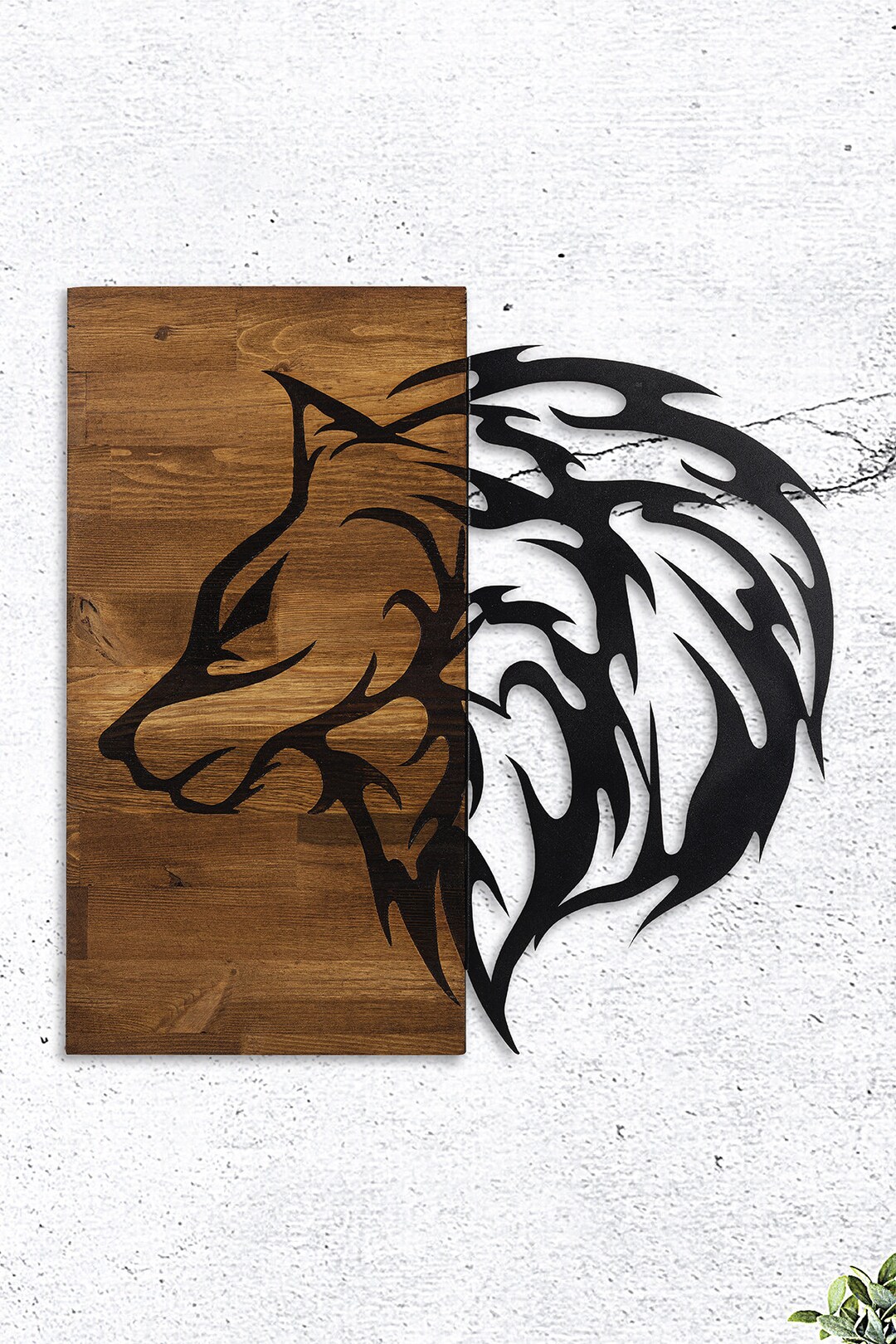 Wolf Head Metal Wood Art - Wildlife Wall Sculpture - Geometric Wolf ...