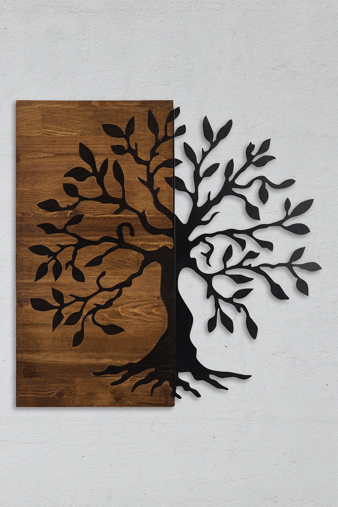 Modern Dual-tone Tree of Life Wall Art - 58cm Metal and Wood Home Decor ...