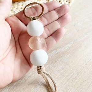 Keychains for Women, Pink Sea Glass Keychain, Wood Bead Key Fob, Boho ...