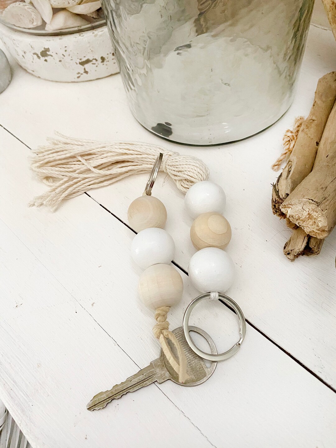 Boho Keychain, Wood Bead Keychain, Natural Keychains, Boho Key Fob ...