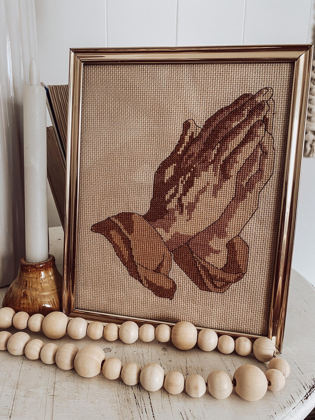 Vintage Needlepoint, Praying Hands Completed Cross Stitch Framed 8x10 ...