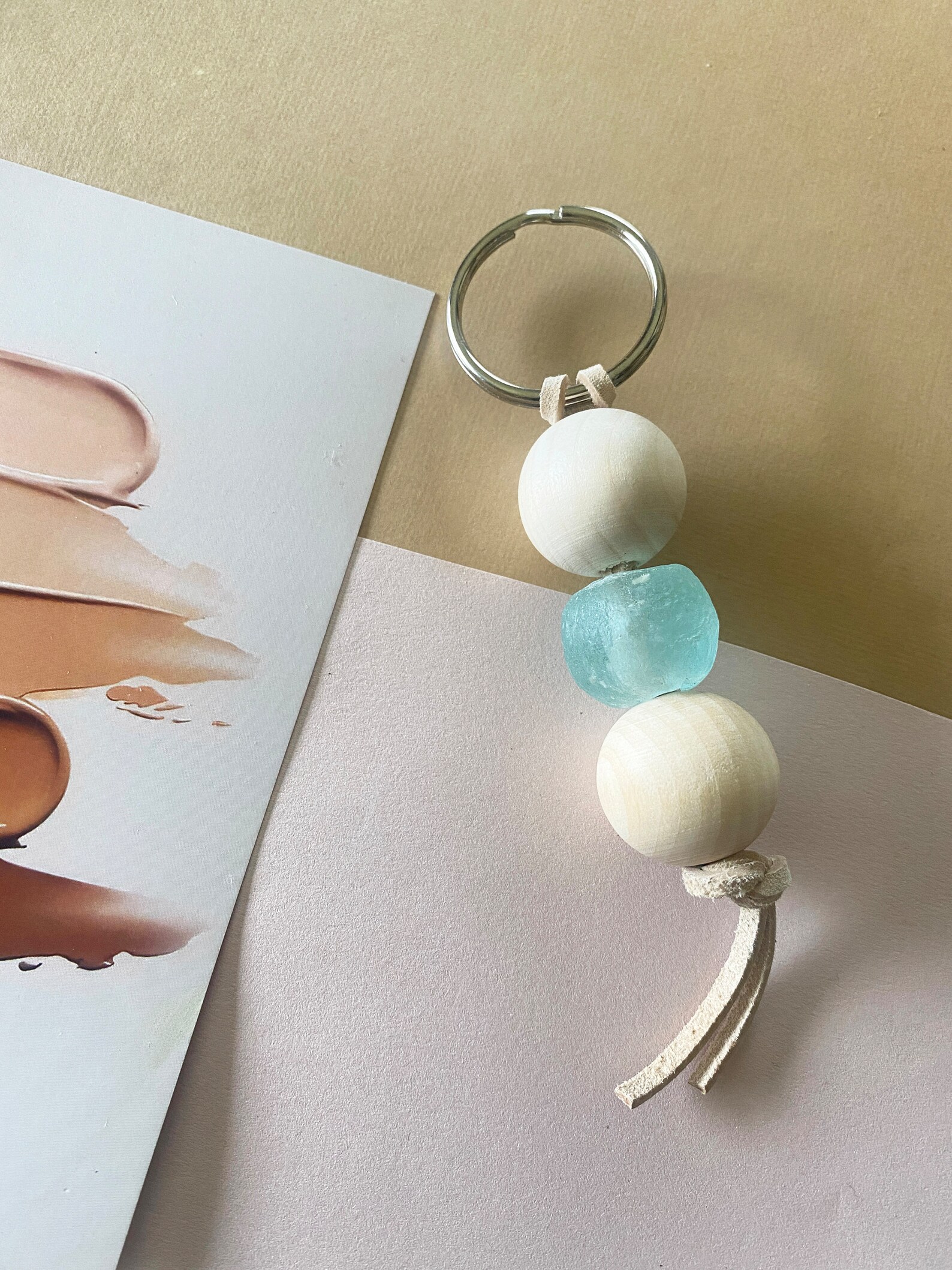 Natural Keychain Wood Bead Sea Glass Keychain Boho - Etsy