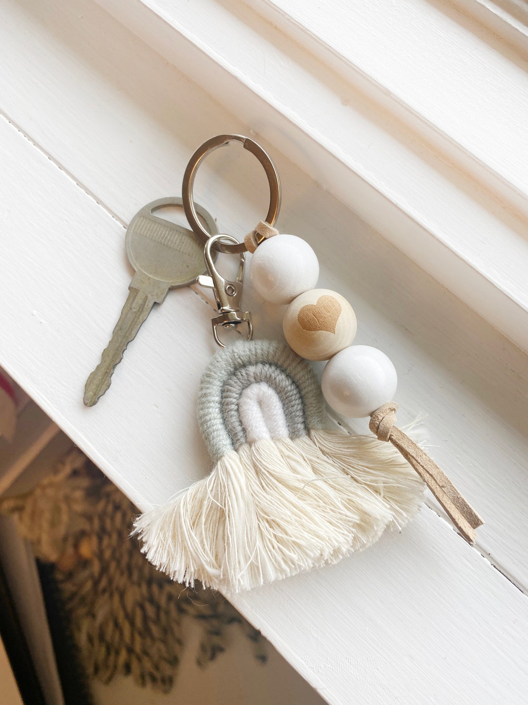 Rainbow Wood Bead Keychain, Wood Bead Key Fob, Boho Rainbow Accessories ...