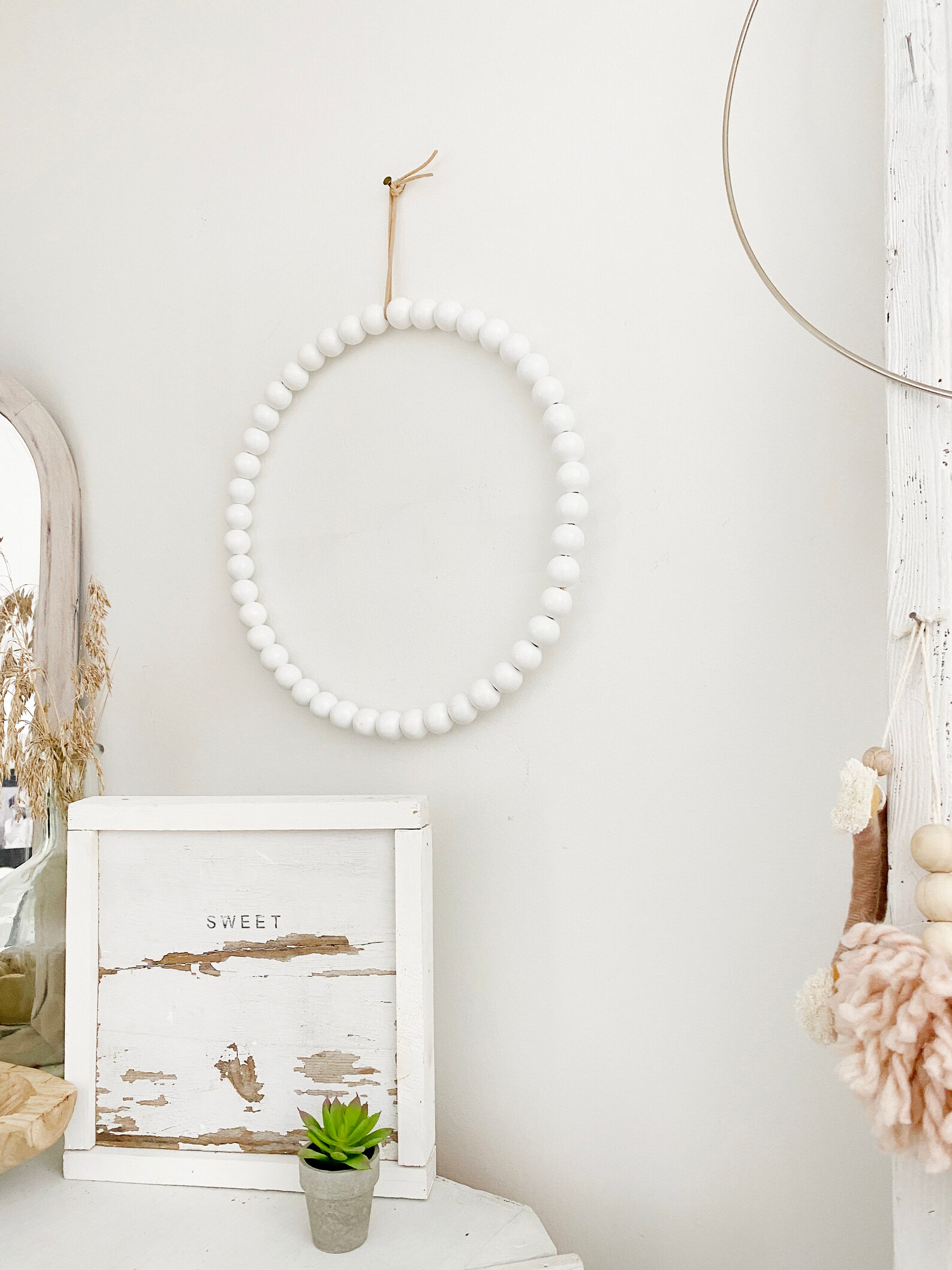 Large White Wreath, Hoop Wreath, Wood Bead Wreath, Everyday Wreath ...