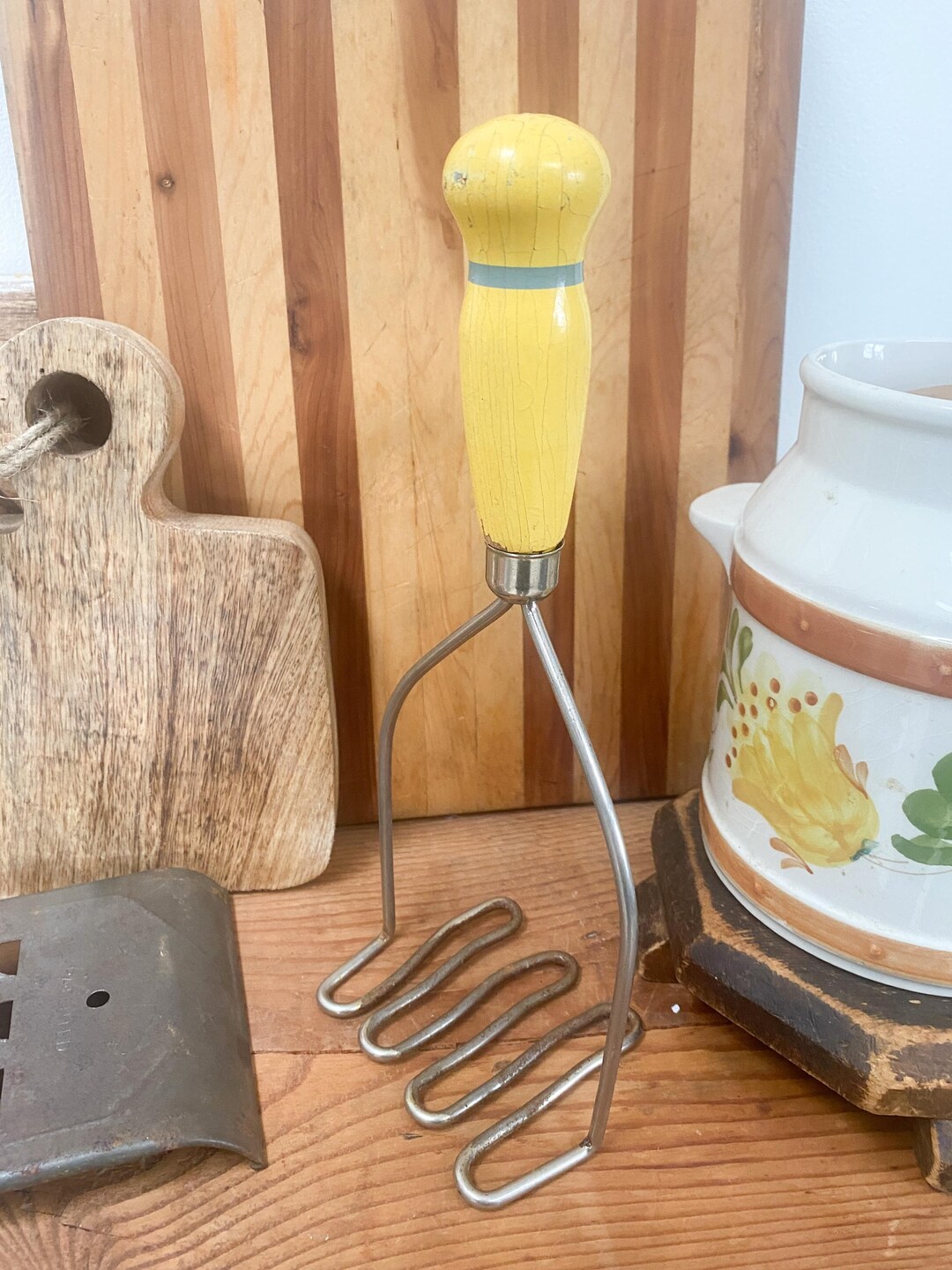 Antique Vintage Potato Masher With Yellow Wood Handle, Farmhouse ...
