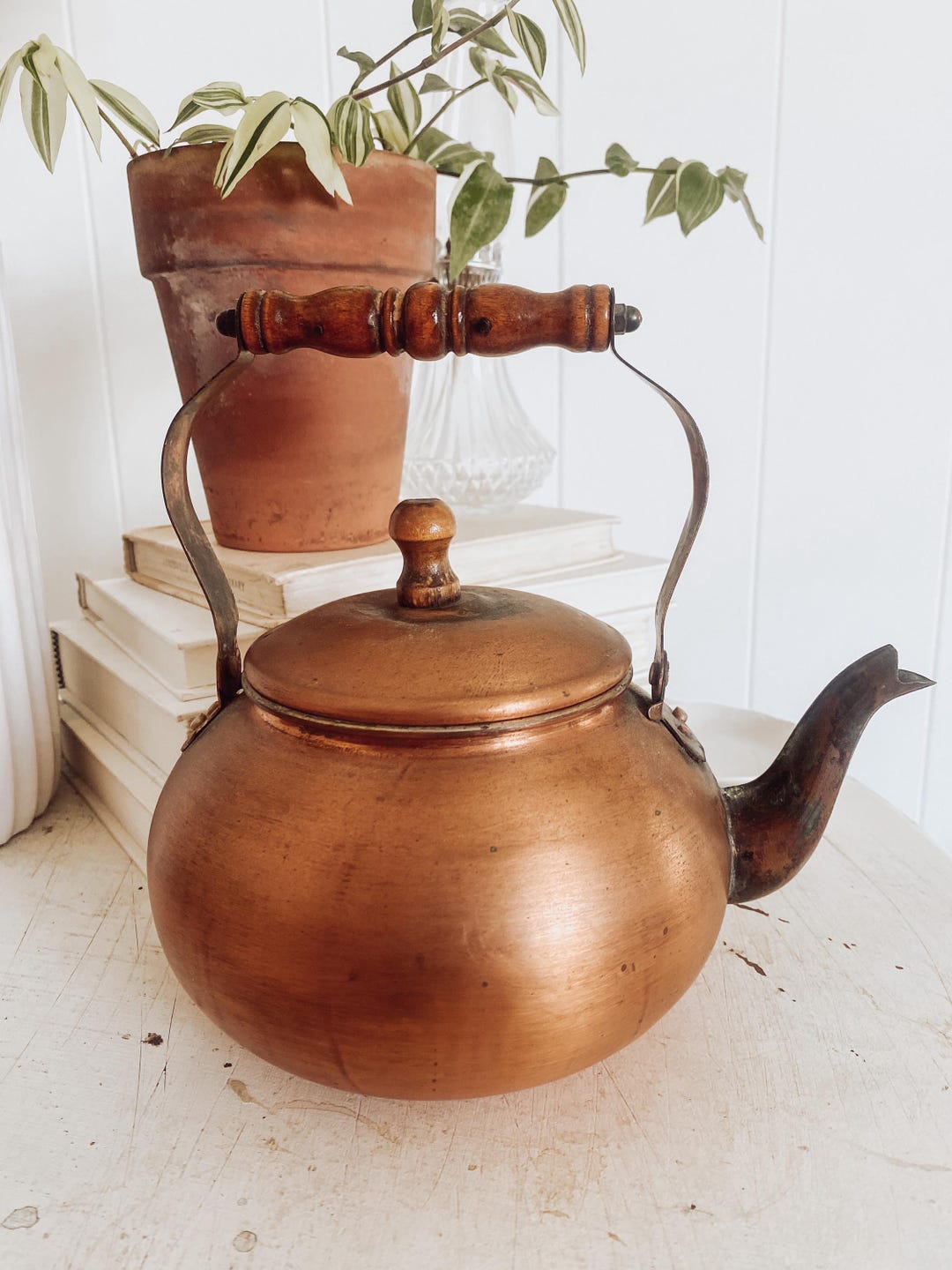 Copper Tea Pot, Vintage Copper Teapot With Wooden Handle, Farmhouse ...