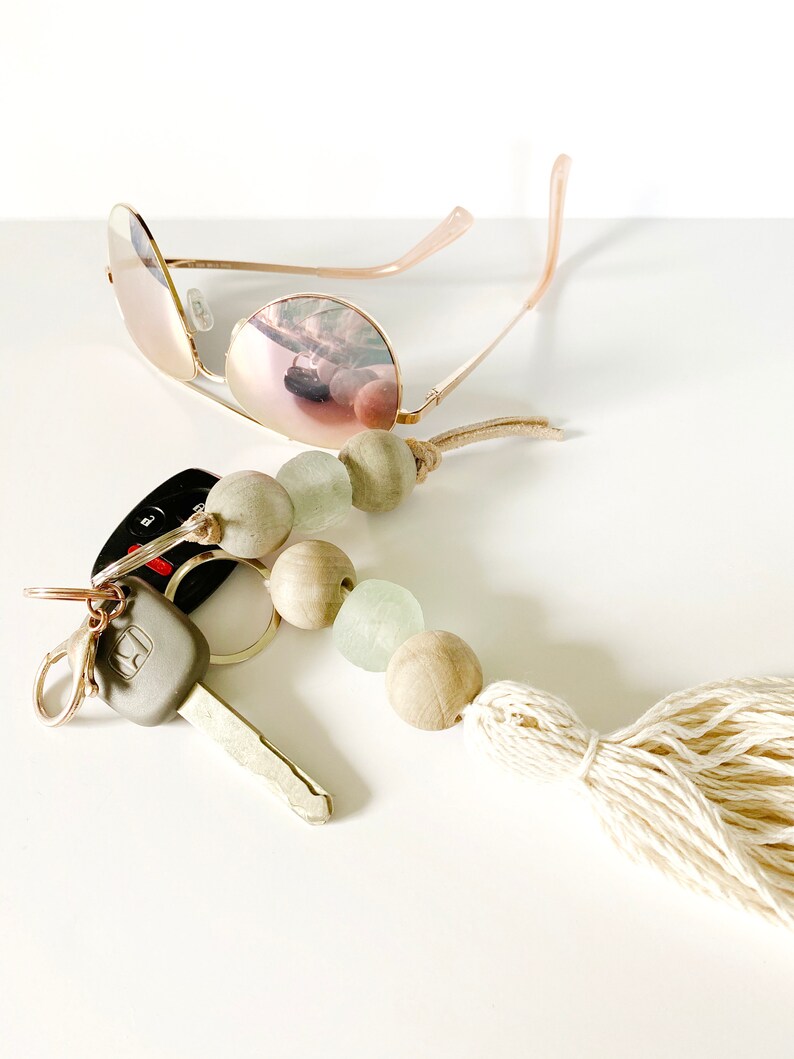 Natural Keychain Wood Bead Sea Glass Keychain Boho | Etsy