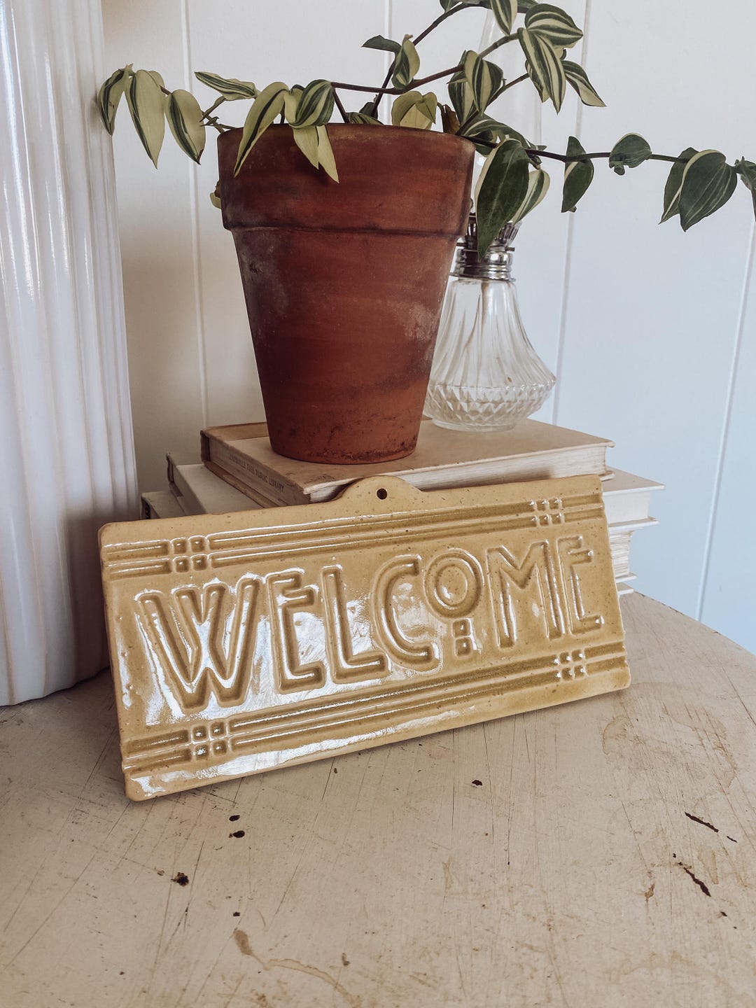 Welcome Tile, Mission Craftsman Yellow Gold Glaze Pottery, Mid Century ...