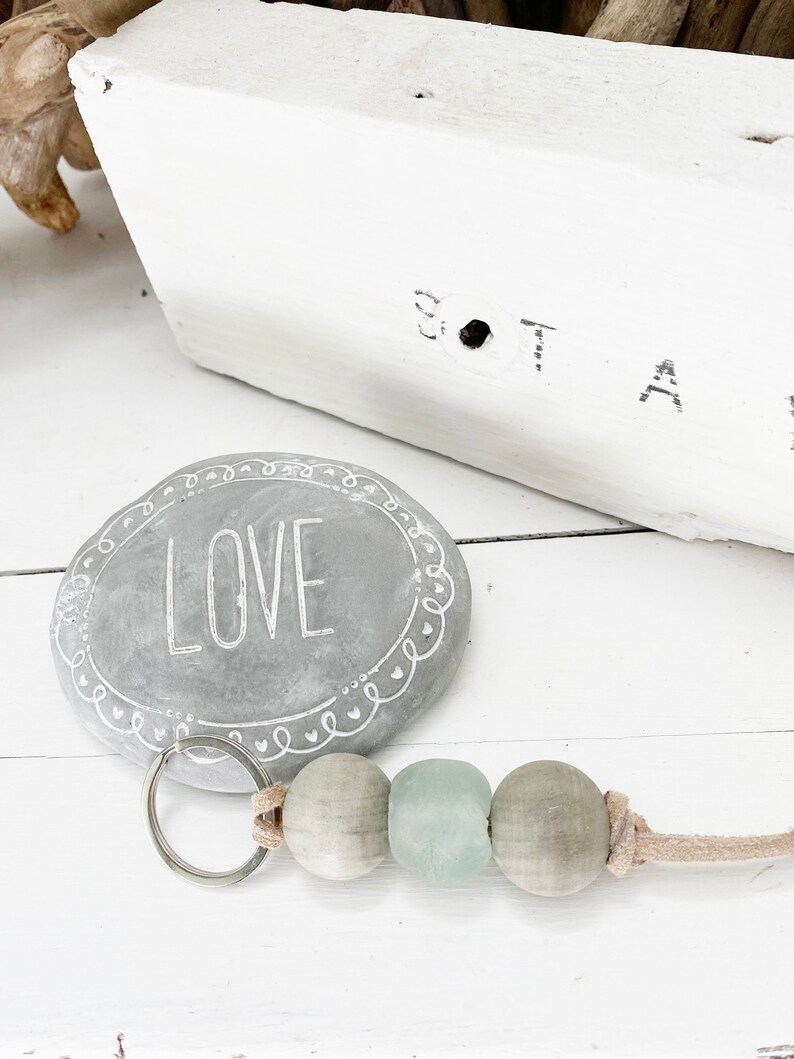 Natural Keychain Wood Bead Sea Glass Keychain Boho | Etsy