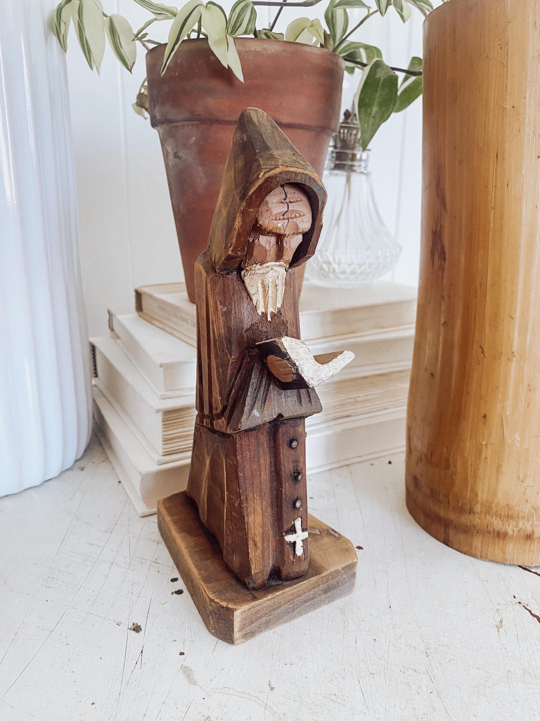 Vintage Hand Carved Wooden Reading Monk Figurine, Found Wood Home Decor ...